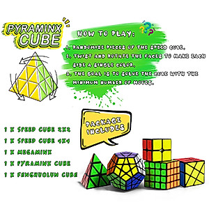 Speed Cube Set, Puzzle Cube, Magic Cube 2x2 4x4 Pyraminx Pyramid Megaminx Fenghuolun Puzzle Cube Toy Gift for Children Adults, Pack of 5