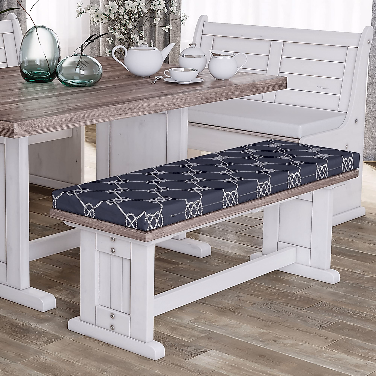 Ambesonne Navy Blue Bench Cushion, Navy Inspired Sailor Knot Rope Pattern Illustration Nautical Abstract Design, Standard Size Foam Pad with Decorative Fabric Cover, 45" x 15" x 2", Blue Cream