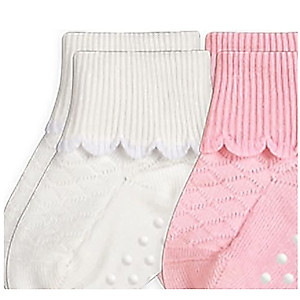 Jefferies Socks Baby Girls' Non-Skid Scalloped Turn Cuff 6 Count (Pack of 1), White/Pink, Toddler, Shoe Size 3-7