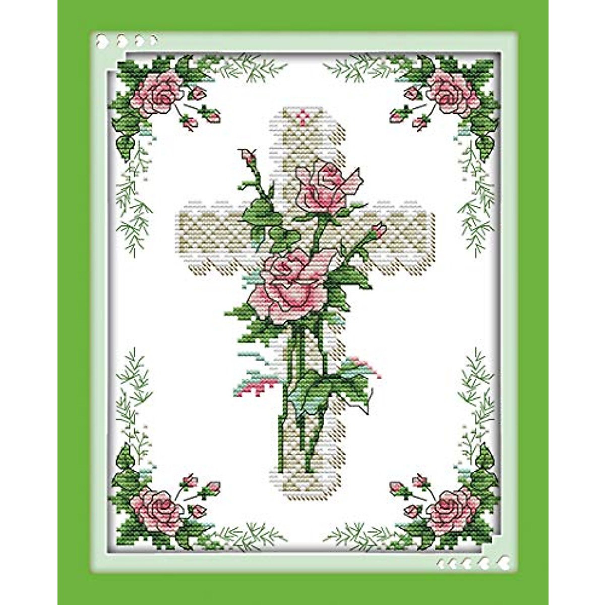 Printed Cross Stitch Kits 11CT 10X14 inch 100% Cotton Holiday Gift DIY Embroidery Starter Kits Easy Patterns Embroidery for Girls Crafts DMC Stamped Cross-Stitch Supplies Needlework The Cross Rose