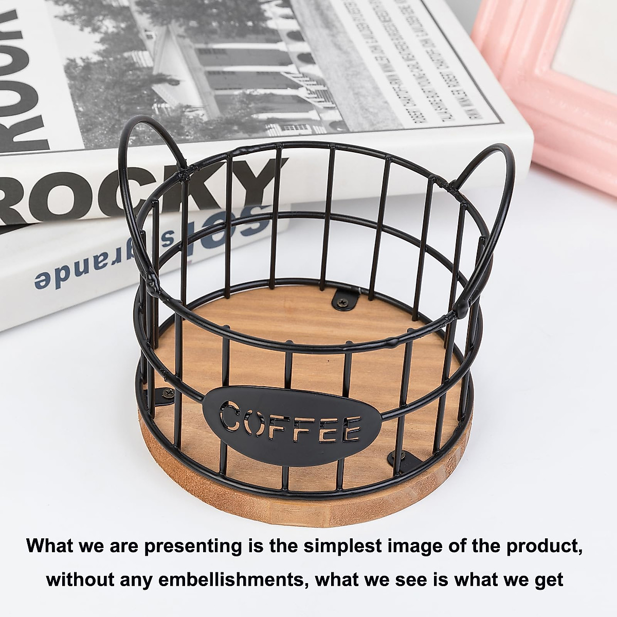 Fving Coffee Pod Holder for Counter, K Cup Holders Coffee Pods Storage Organizer,Large Capacity Coffee Bar Basket with Wooden Base for Kitchen Office Desktop (Black)