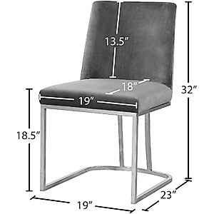 Meridian Furniture Heidi Collection Modern | Contemporary Velvet Upholstered Dining Chair with Polished Chrome Metal Frame, Set of 2, 19" W x 23" D x 32" H, Grey