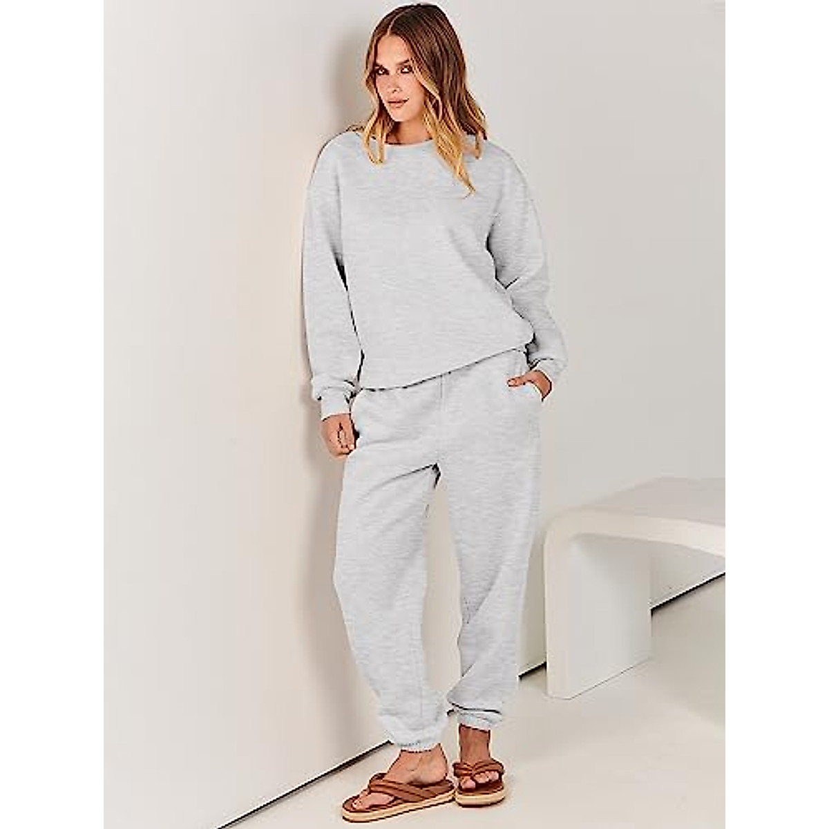 ANRABESS Women's 2 Piece Lounge Sets Fall Outfits Long Sleeve Cozy Casual Crew Neck Sweatsuit Matching Set 2023 Fashion Clothes Loungewear A1014qianhuahui-L