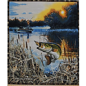36" X 44" Panel Realtree Bass Fishing Fisherman Fish Scenic Cotton Fabric Panel (9939)