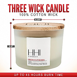 HHI Rose Scented All-Natural Soy Candle | Fresh Cut Roses | Large 12 Ounce 3 Wick | Long Burn time | Includes Bamboo Lid and Gift Box