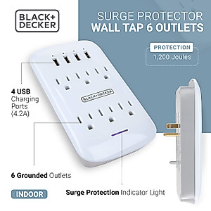BLACK+DECKER Surge Protector Wall Mount with 6 Grounded Outlets, 4 USB Charging Ports, Sleek Power Adapter Tap and USB Wall Charger with Indicator Light, Auto Shutdown - 3-Prong Power Outlet Plug