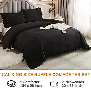 Andency California King Comforter Set Black (104x96Inch), 3 Pieces Cal King Ruffle Comforter, Oversized Farmhouse Shabby Chic Bed Comforter, Lighteweight and Soft Microfiber Bedding Set