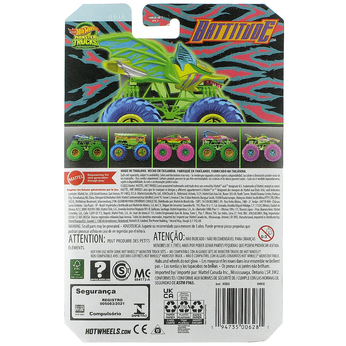 Hot Wheels 2023 Monster Trucks 1:64 Scale Diecast Glow in The Dark Battitude