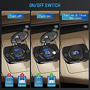 [Upgraded]2Pcs 12V/24V USB Outlet with Voltmeter& ON/Off Switch, Quick Charge 3.0 Dual USB Power Outlet, Waterproof Fast Charge USB Charger Socket DIY Kit for Car Boat Marine (2 Pack)