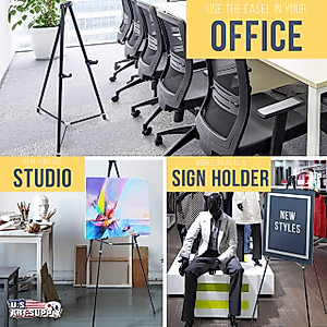 U.S. Art Supply 66" High Showroom Black Aluminum Display Easel and Presentation Stand - Large Adjustable Height Portable Tripod, Holds 25 lbs - Floor and Tabletop, Display Paintings, Signs, Posters