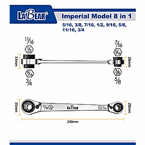 LABEAR - SAE 8 in 1 Speed wrench, 8 in 1 Double End Reversible Combination Wrench, Ratcheting Wrench, 5/16",3/8",7/16",1/2",9/16",5/8",11/16",3/4"