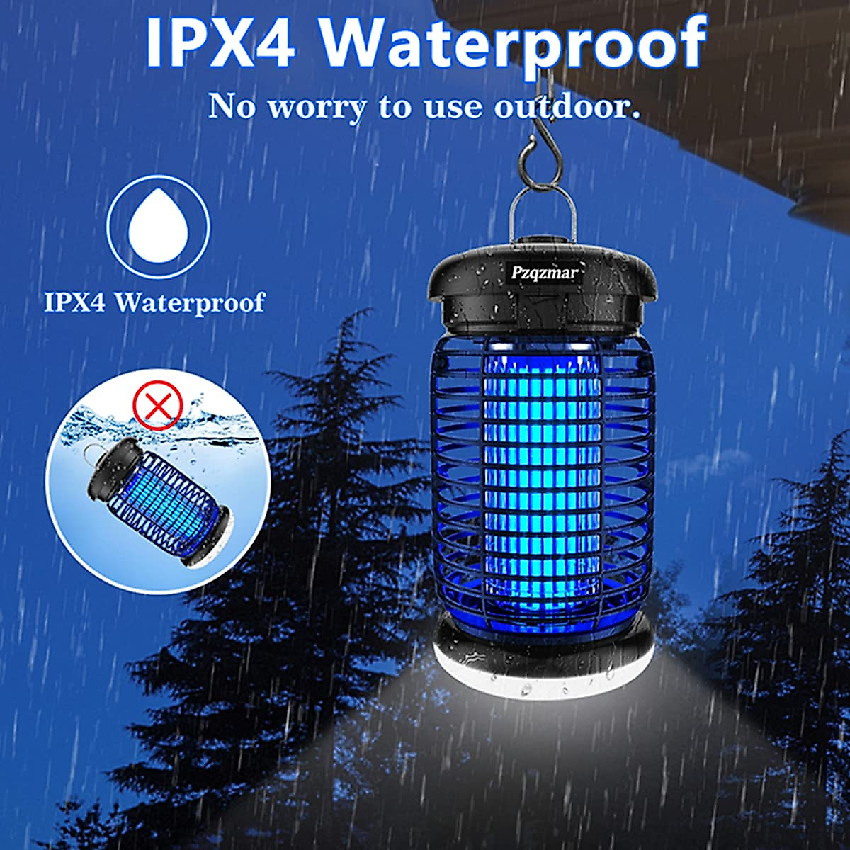 Pzqzmar Bug Zapper Outdoor with LED Light, Waterproof Mosquito Zapper, Electric Fly Zapper, Mosquito Killer & Fly Traps for Outside, Patio, Porch, Backyard, Garden