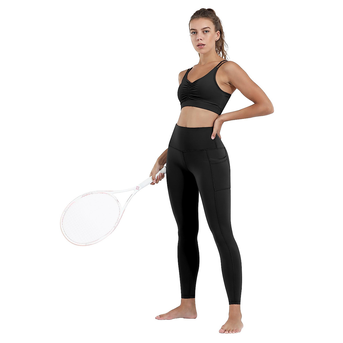 CHRLEISURE Leggings with Pockets for Women, High Waisted Tummy Control Workout Yoga Pants(3Packs 3Black, L)