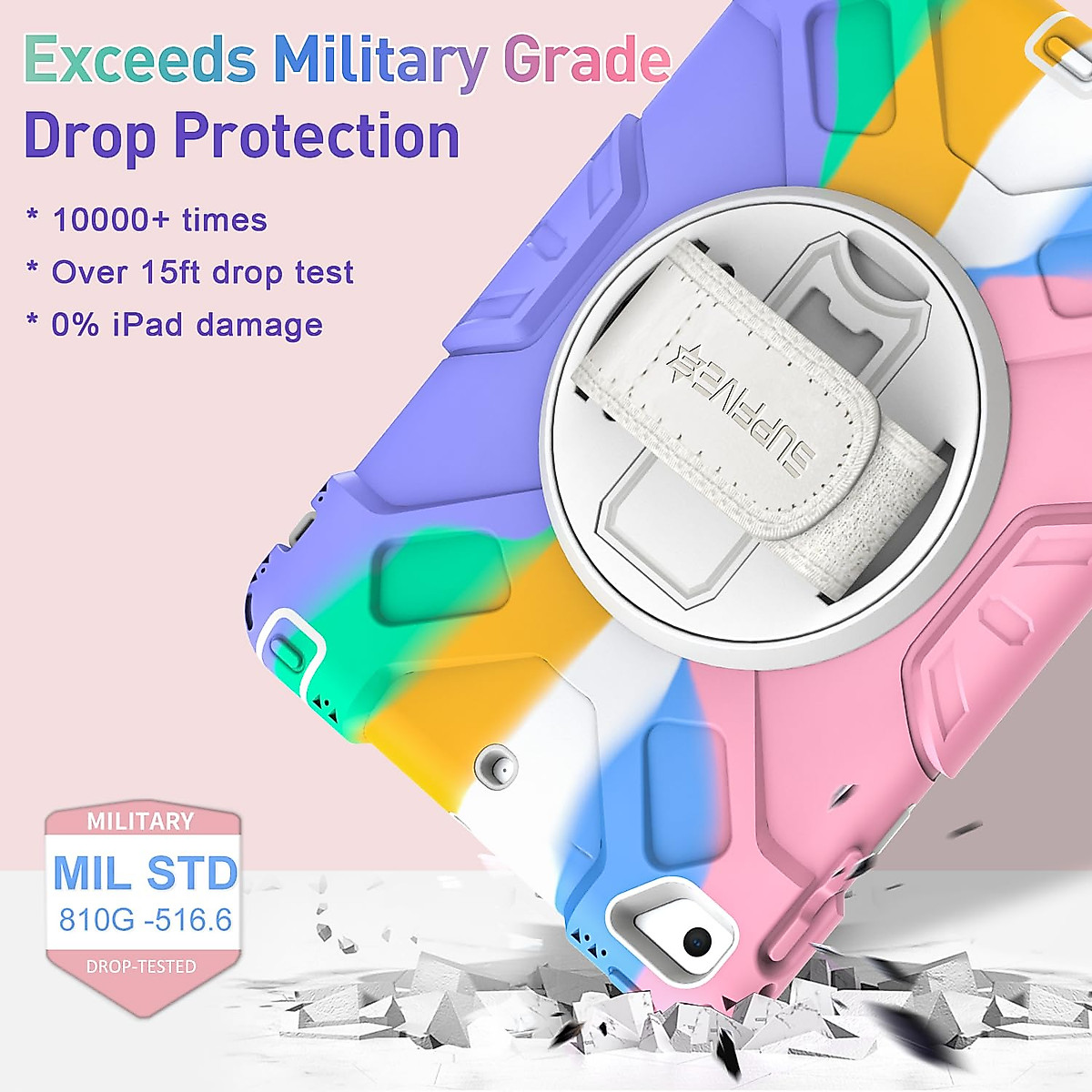 SUPFIVES Case for iPad Mini 5 2019, iPad Mini 4 Case for Kids Military Grade Protective Rugged Case with Shoulder Strap + Kickstand + Pencil Holder for iPad Mini 5th/ 4th Generation 7.9 inch- Rainbow