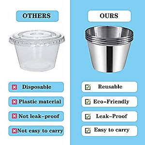 4 Pack 2.4 oz Salad Dressing Container To Go, Reusable Condiment Containers with Lids, Leakproof, Easy Open, Stainless Steel Small Dipping Sauce Cup Container with Premium Silicone Lids for Lunch
