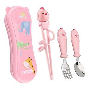 GORYEO BABY Toddler Utensils Stainless Steel Kids Silverware Set with Kids Spoons and Forks Set and Kids Chopsticks for Self Feeding Learning with Portable Case