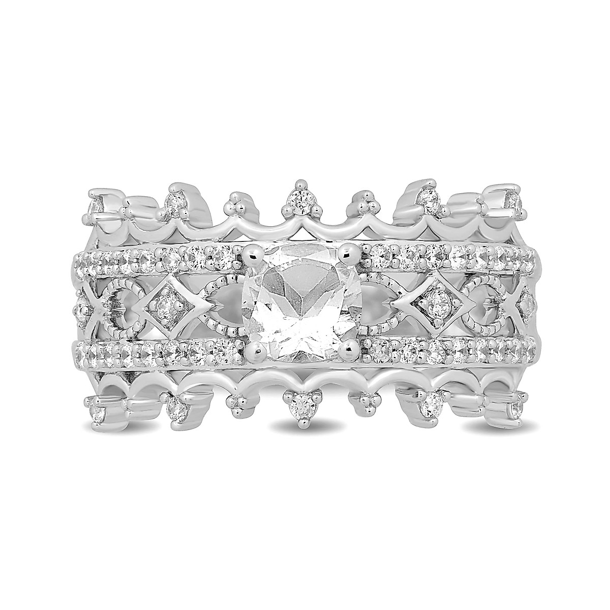 Jewelili Enchanted Disney Fine Jewelry Sterling Silver 5x5 MM Cushion Shape White Topaz and 1/3 Cttw Natural White Round Diamond Majestic Princess Engagement Ring, Size 8