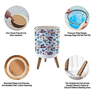Small Trash Can with Lid Watercolor hand painted Alice in Wonderland Hat playing cards dress Waste Bin with Wood Legs Press Cover Wastebasket Round Garbage Bin for Kitchen Bathroom Bedroom Office
