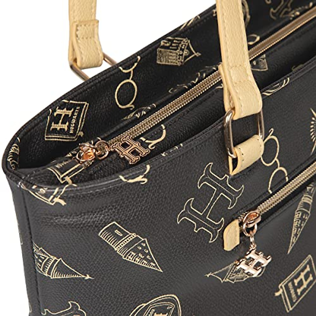 PICNIC TIME Harry Potter Hogwarts Uptown Cooler Tote Bag, Insulated Purse Lunch Bag for Her, Stylish Beach Bag Soft Cooler, (Black with Gold Accents), 14.37 x 7.28 x 10.63