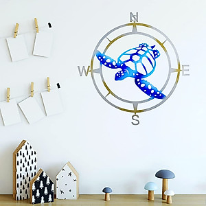 SVEIKS Sea Turtle Wall Art Decor, 15.75" Ocean Themed Round Metal Compass for Indoor Outdoor Living Room Bathroom Hallway Garden Deck