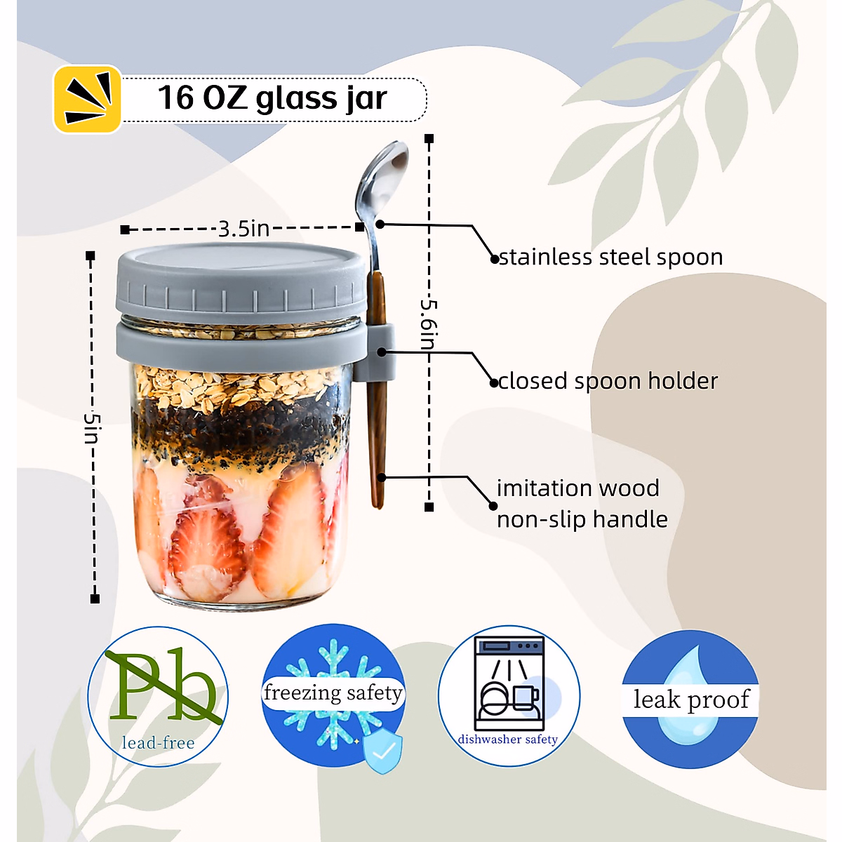 KETWOD Overnight oats containers jars with lids and spoons.The 16oz mason jars for overnight oats can store oats, fruits, vegetables, chia seeds, etc. 2 colors overnight oats jars.
