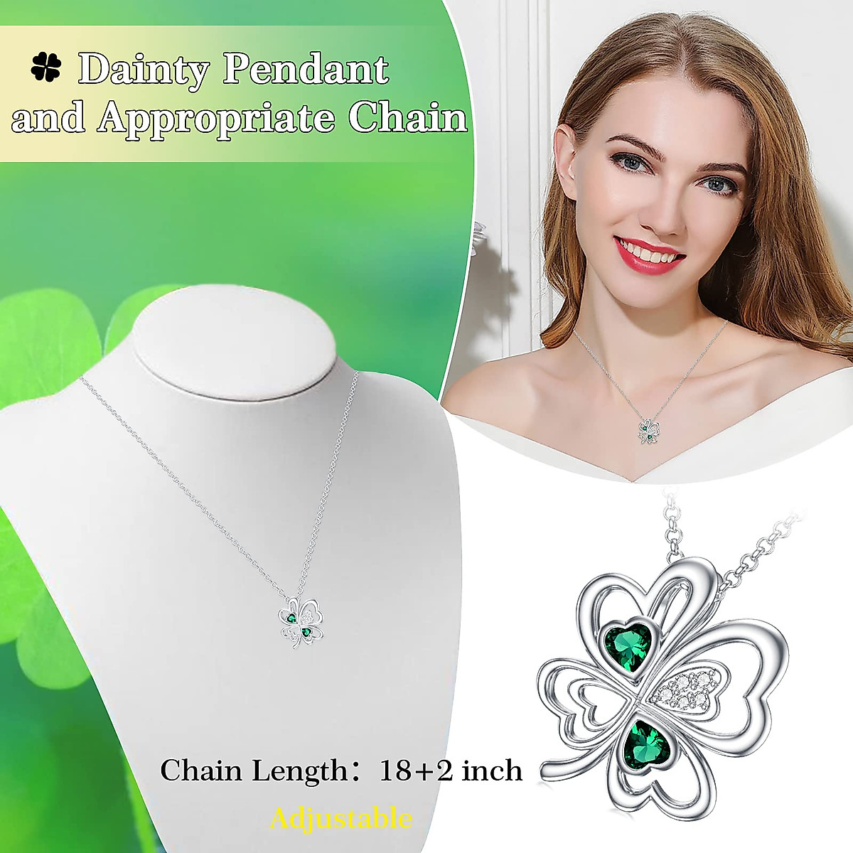 Dorunmo Clover Necklace 925 Sterling Silver 4 Leaf Clover Necklaces St Patrick’s Day Pendant Shamrock Charm Lucky Heart Irish Jewelry Green Clover Leaf Gifts for Women Girl Mom Friends