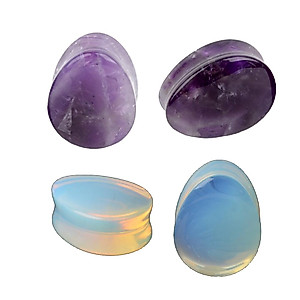 NewZenro 2Pairs Opalite Moon Stone Amethyst Ear Gauges Plugs Tunnels Expanders Stretcher Natural Organic Stone Double Flared Piercing Body Jewelry (1"(25mm))