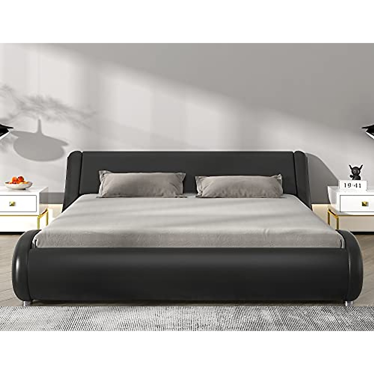 SHA CERLIN Queen Size Bed Frame Luxury Wave-Like Modern Upholstered Low Profile Platform Bed, Faux Leather Sleigh Bed with Adjustable Headboard, No Box Spring Needed, Black