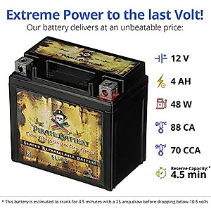 Pirate Battery YTX5L-BS Maintenance Free Replacement Battery for ATV, Motorcycle, and Scooter: 12 Volts, 5 Amps, 4Ah, Nut and Bolt (T3) Terminal