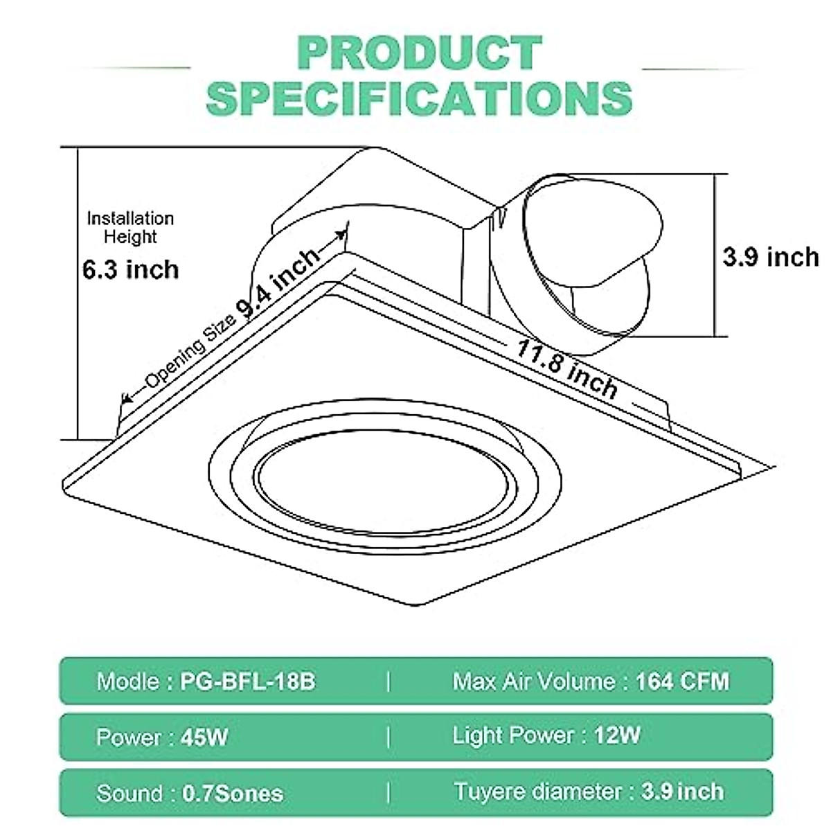 POWERENG Bathroom Exhaust Ventilation with Light,164 CFM 0.7Sones Quiet Ceiling Mount Ventilation Fan,6000K 12W LED,White,110V Vent Fan Ceiling