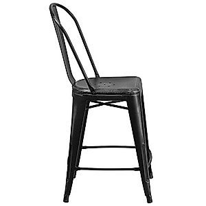 Flash Furniture Carly Commercial Grade 24" High Distressed Black Metal Indoor-Outdoor Counter Height Stool with Back