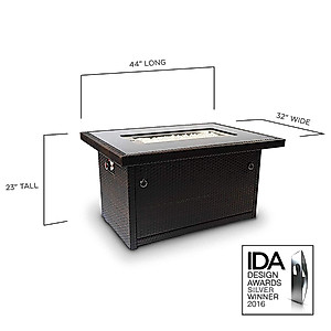 Outland Living Series 403 Brown 44-Inch Outdoor Propane Gas Fire Pit Table, Black Tempered Tabletop w/Arctic Ice Glass Rocks and Resin Wicker Panels (Espresso Brown/2-Pack 20 LB Tonga Torch)