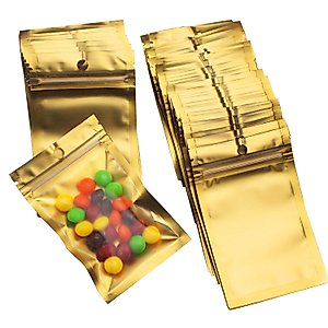 Luckkyme 200 Pack Mylar Zip Lock Bags Aluminum Foil Bags Durable Double-Sided Metallic Foil Mylar Flat Mini Ziplock Bag 7.5 x 12 cm/ 3 x 4.7 Inch (Gold)