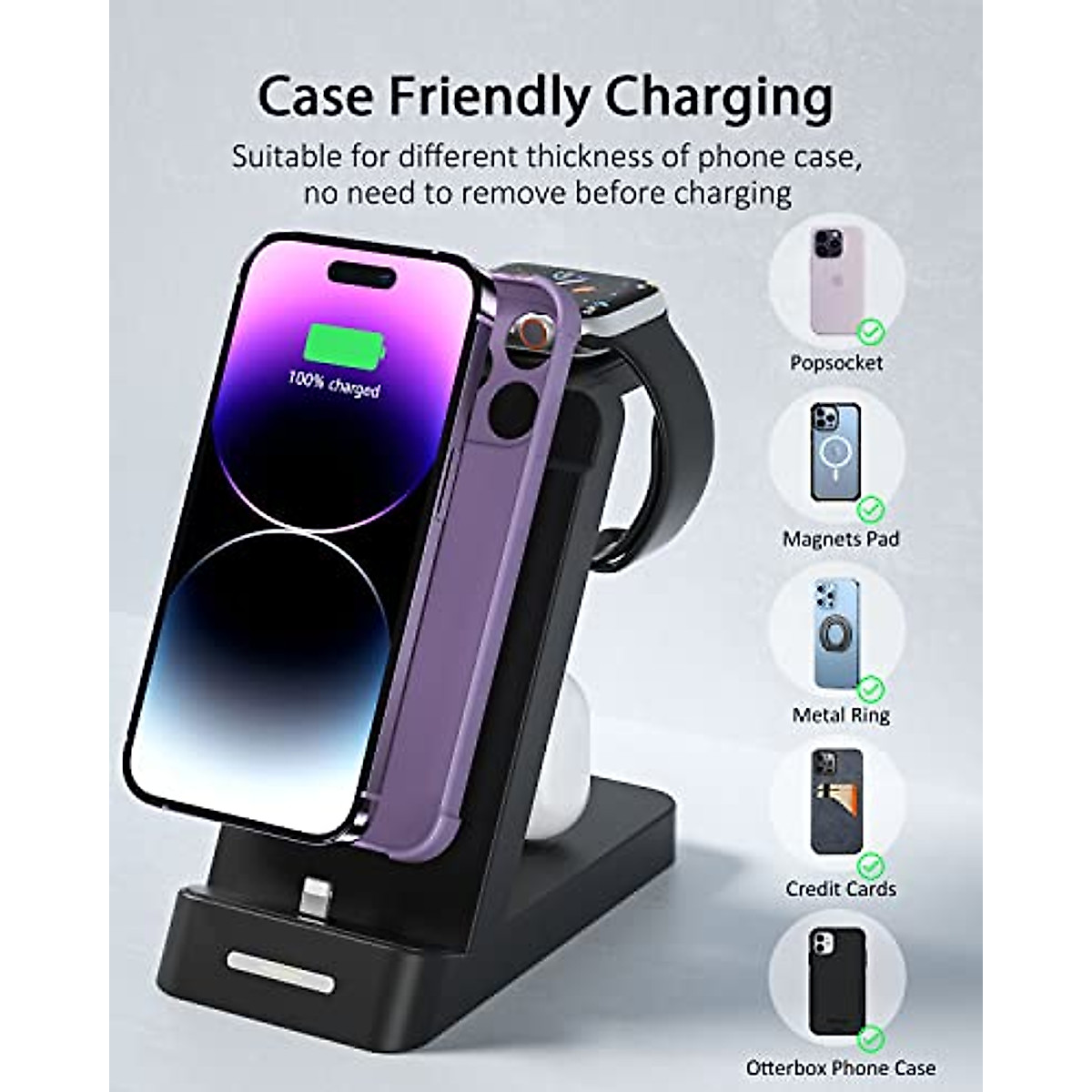 Charging Station for Multiple Devices Apple, 3 in 1 Fast Wireless Charger Dock Stand for iPhone 14 Pro Max/13/12/11/X/8 Plus, Apple Watch Series Ultra/8/7/6/SE/5/4/3/2 and Airpods with Adapter
