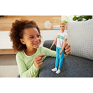 Barbie Ken 60th Anniversary Doll 2 in Throwback Workout Look with T-Shirt, Athleisure Pants, Sneakers & Hand Weight Kids 3 to 8 Years Old, White