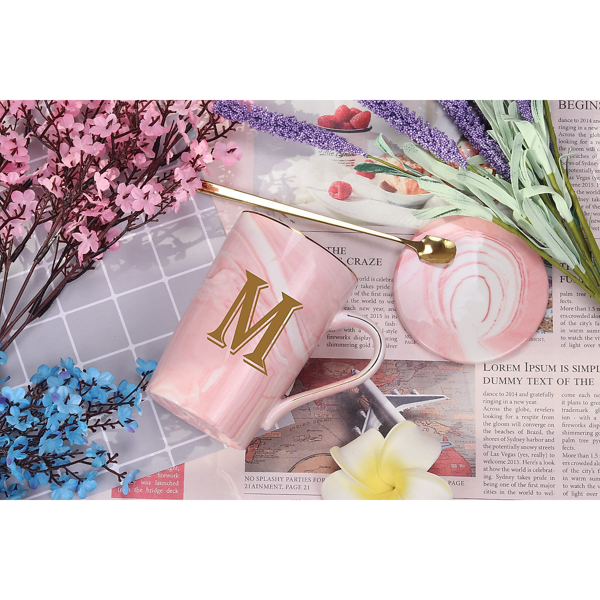 Letter M Personalized Initial Mug, Letter M Personalized Marble Coffee Mug, Letter Coffee Mugs for Women, Bridal Shower Gifts, Man and Women's Initials Gifts Mug 14 Ounce Pink with Gift Box