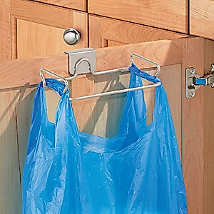 mDesign Over the Cabinet Metal Wire Small Garbage Container, Trash Bag Holder Rack for Recycled Reusable Disposable Plastic Shopping Grocery Bags for Kitchen, Pantry, Garage, Bathroom - Satin