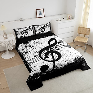 Music Bedding Set Full Size,Black Melody Note Comforter Set For Kids Boys Girls Musician Bedroom Decor,Tie Dye Rhythm Pattern Duvet Insert,Modern Soft Music Theme Quilted Comforter With 2 Pillow Cases