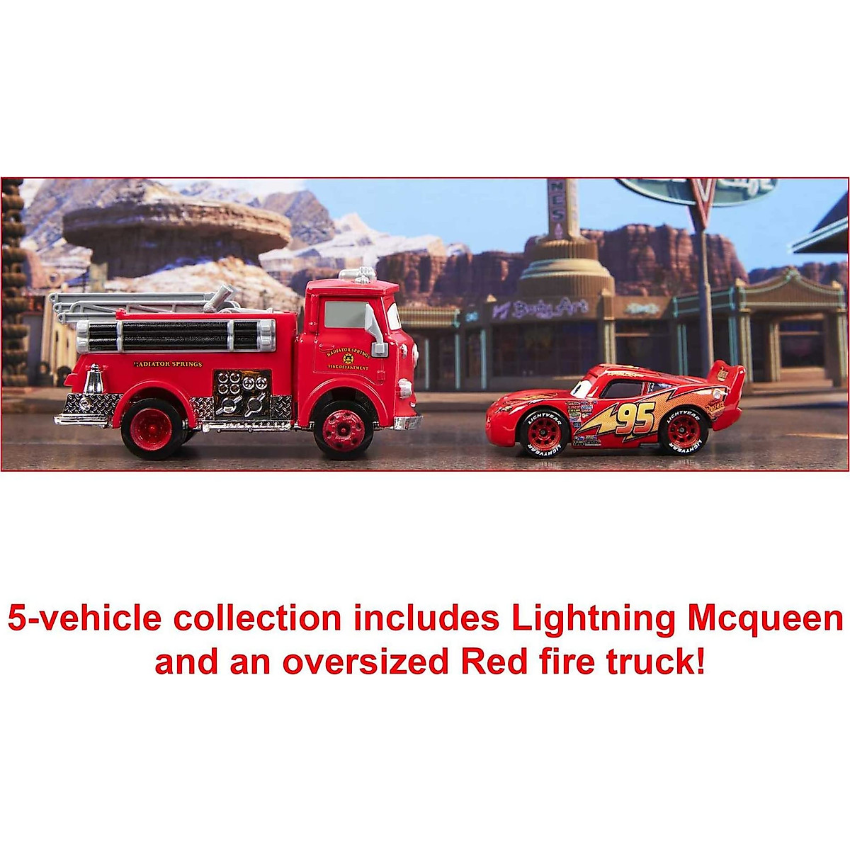 Mattel Disney and Pixar Cars Vehicle 5-Packs with 4 Character Toy Cars & 1 Red Fire Truck Inspired by Radiator Springs, Collectible Set