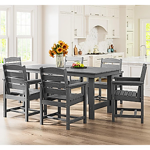 SERWALL Outdoor HDPE Dining Table Set, 7-Piece Outdoor Dining Table Sets with Umbrella Hole Cut-Out Table and 6 Chairs, Gray