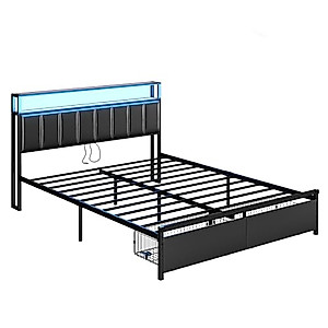 amerlife LED Bed Frame with Drawers, Full Platform Bed Frame with 2-Tier Storage & Leather Upholstered & Charging Station Headboard, No Box Spring Needed, Noise Free, Easy Assembly, Black
