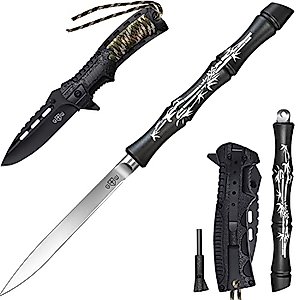 Bundle of 2 Items - Pocket Knife - Tactical Folding Knife - Small Black Fixed Tactical Hobby Work Mini Knofe for Men Women - Folding EDC Knife - Kubaton Stocking Stuffers for Men - Secret Santa Gift