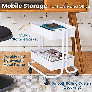 ECR4Kids 2-Tier Metal Rolling Utility Cart - Under Desk Office Storage, Multipurpose Mobile Organizer, White