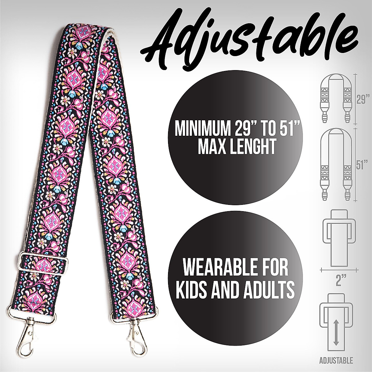 Pink Cotton Handbag Strap & Purse Strap Replacement - Jacquard Woven Embroidered Guitar Strap Styled Shoulder & Crossbody Strap - Adjustable Bag Strap For Tote And Messenger Bags – Silver Hardware