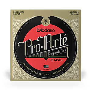 D'Addario Guitar Strings - Pro-Arte Classical Guitar Strings - EJ45C - Nylon Guitar Strings - Silver Plated Wrap, Composite Core, Clear Nylon Trebles - Normal Tension