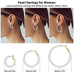 CERSLIMO Pearl Hoop Earrings for Women - 3 Pairs 14K Gold Plated Pearl Hoop Earrings Set, S925 Sterling Silver Post Big Large Hoops 4mm Pearl Earrings Jewelry Gifts 20/30/40mm