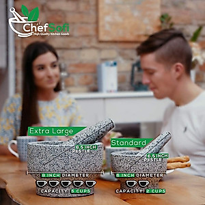 ChefSofi Mortar and Pestle Sets - The Standard 6 inch 2 Cup and The EXTRA Large 8 inch 5 Cup Capacity - Unpolished Heavy Granite for Enhanced Performance and Organic Appearance