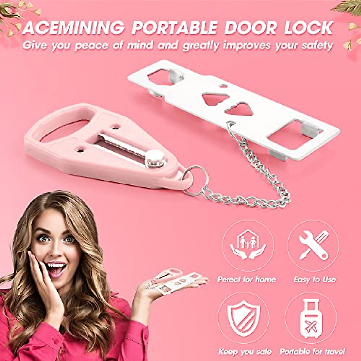 AceMining Portable Door Lock Home Security Door Locker Travel Lockdown Locks for Additional Safety and Privacy Perfect for Traveling Hotel Home Apartment College-Pink(1 Pack)