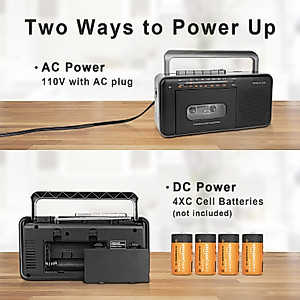 Portable Cassette Tape Player and Recorder with AM FM Radio, LED Power Indicator, Handheld, Loud Speaker,Microphone,3.5mm Earphone Jack,Powered by AC or C Batteries for Gift,Home