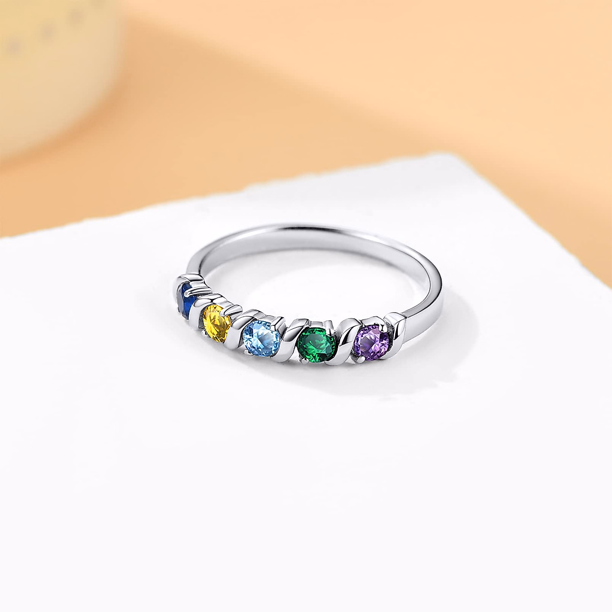 Custom4U Mother Name Rings with 5 Birthstones Customized Personalized Family Promise Sterling Silver Rings for Women Grandma